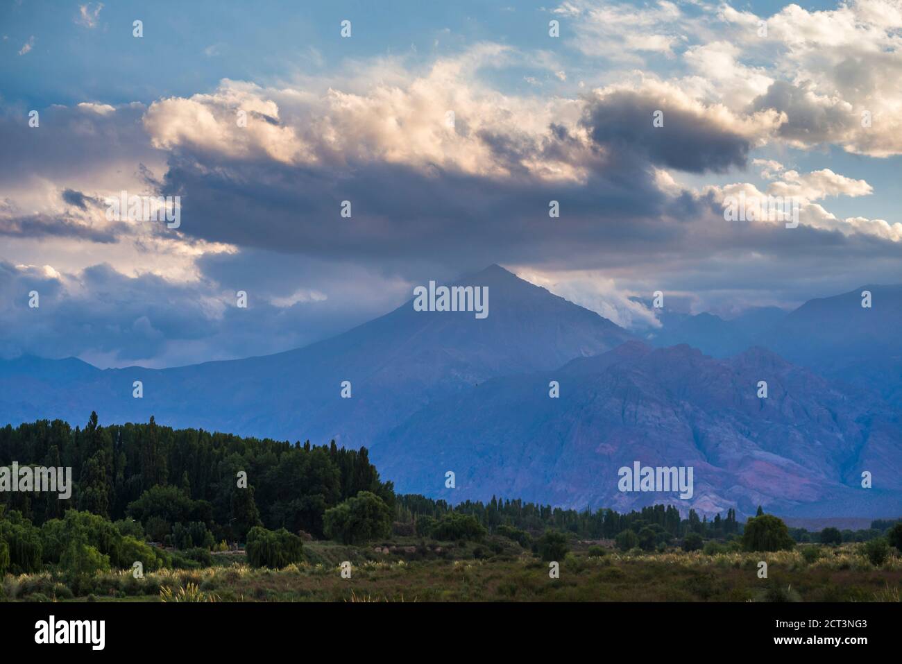 Andes Mountains landscape with dramatic clouds at sunset, Uspallata ...