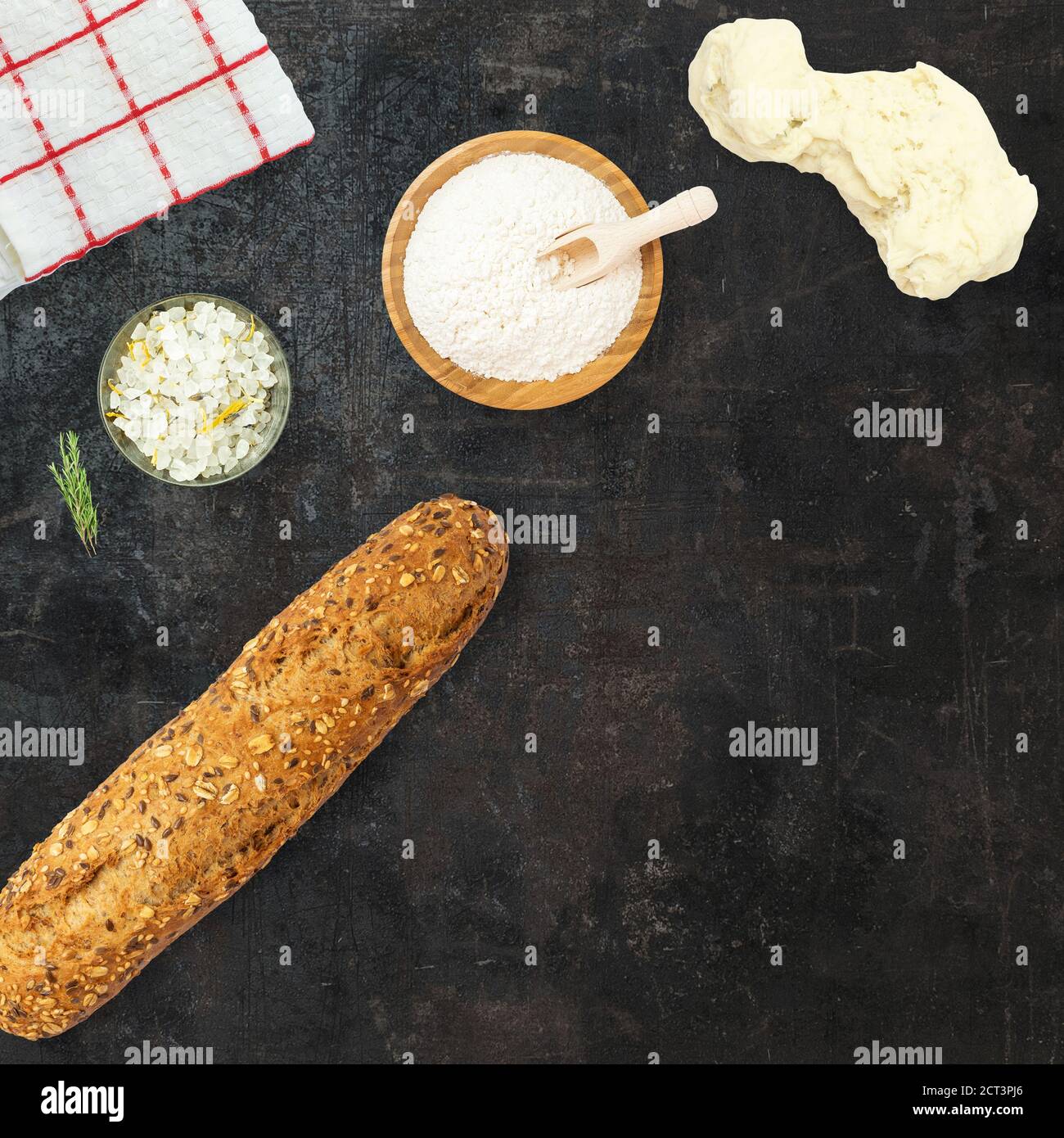 Top view of a scene of a bread and its ingredients. Related to bakery ...