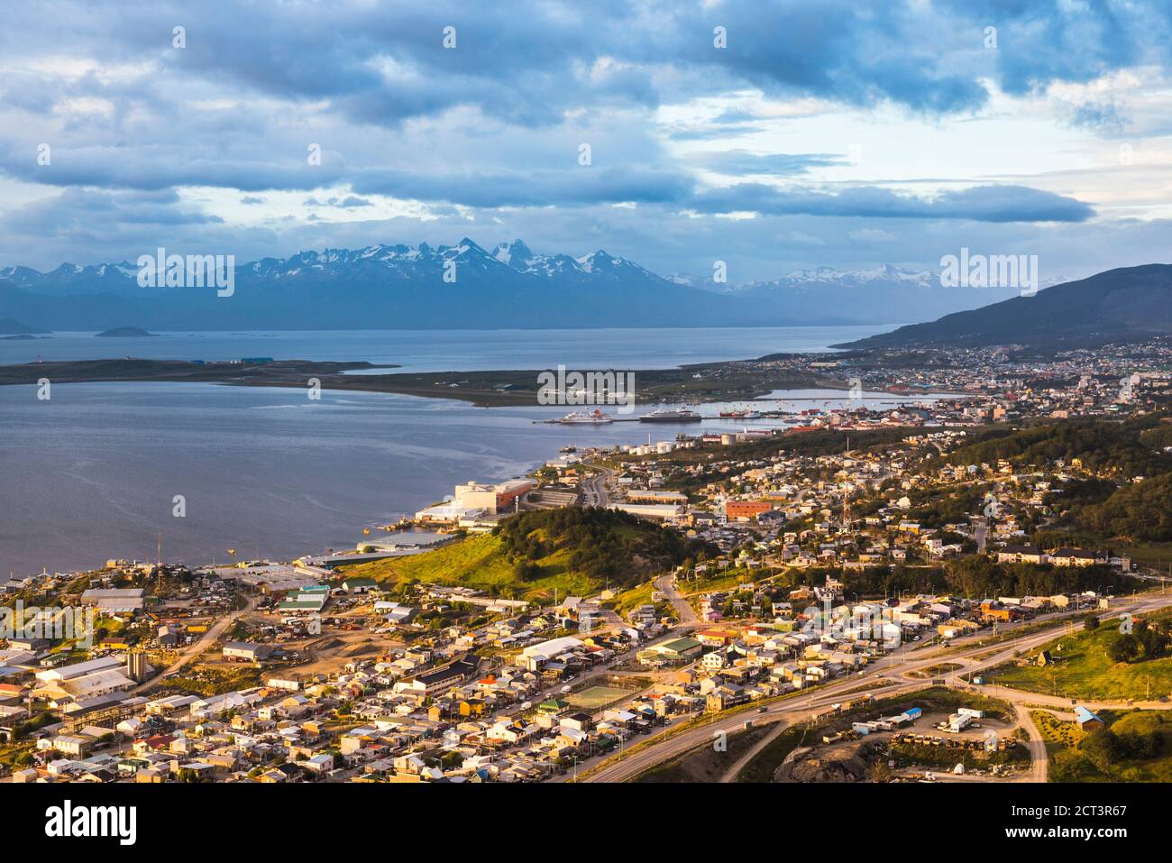 Sunrise view of Andes Mountains and Ushuaia cityscape, the southern ...