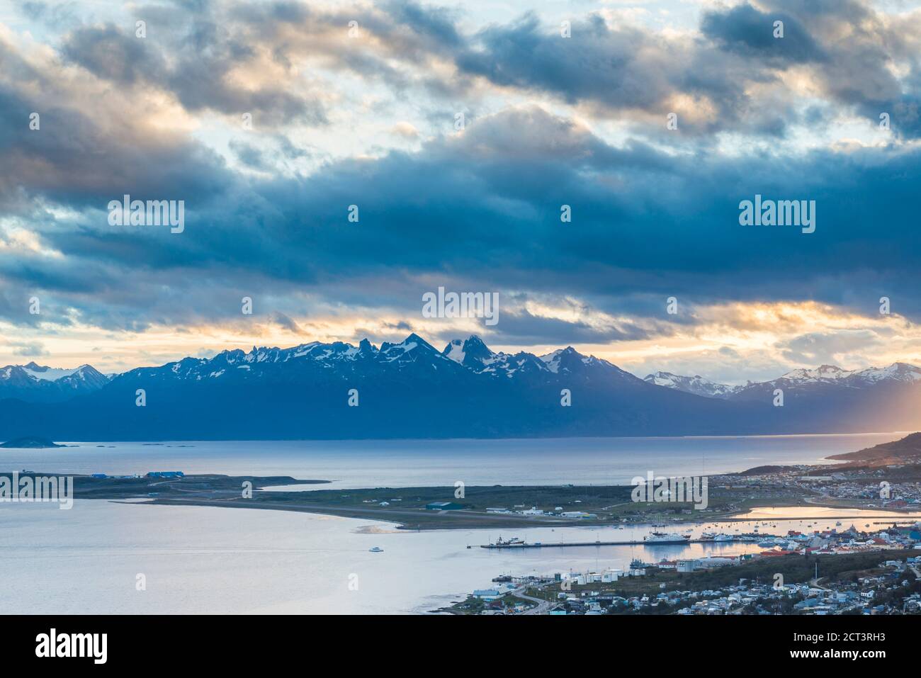 Andes Mountains with dramatic sunset clouds and sky at Ushuaia, the ...