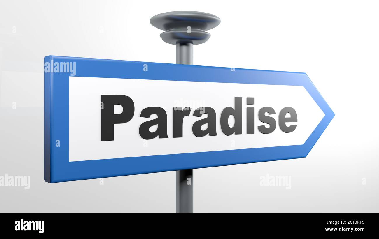 PARADISE blue street sign on white background - 3D rendering ...
