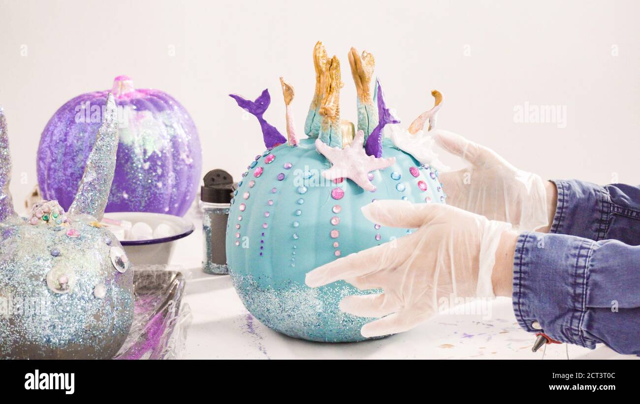 Step by step. Decorating art pumpkins with rhynestones, mermaid tails ...