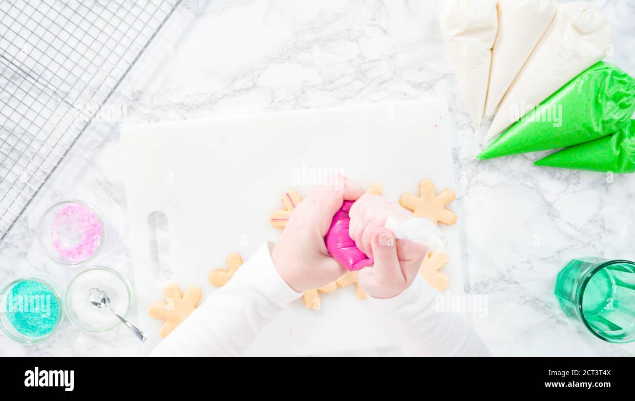 Flat lay. Stp by step. Icing snowflake shaped sugar cookies with pink ...