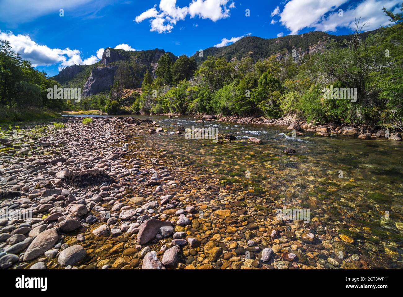 Beautiful Andes Mountains and river landscape, San Martin de los Andes ...