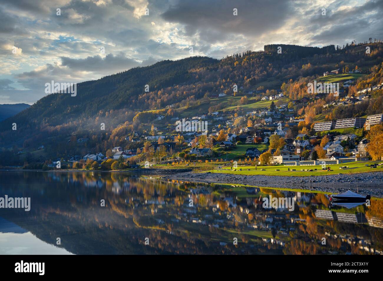 Voss city in Norway, a mountain view in autumn, changes the color of ...