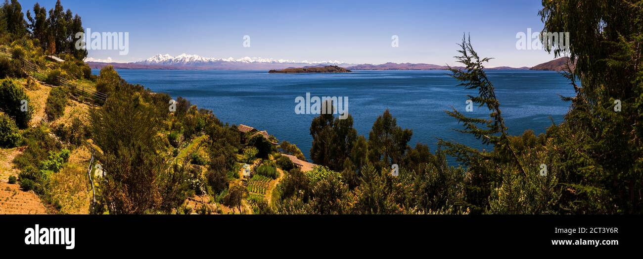 Isla del Sol (Island of the Sun) farm land with Cordillera Real ...