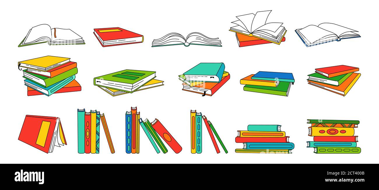 Book linear cartoon set. Empty white pages for library. Hand drawn ...