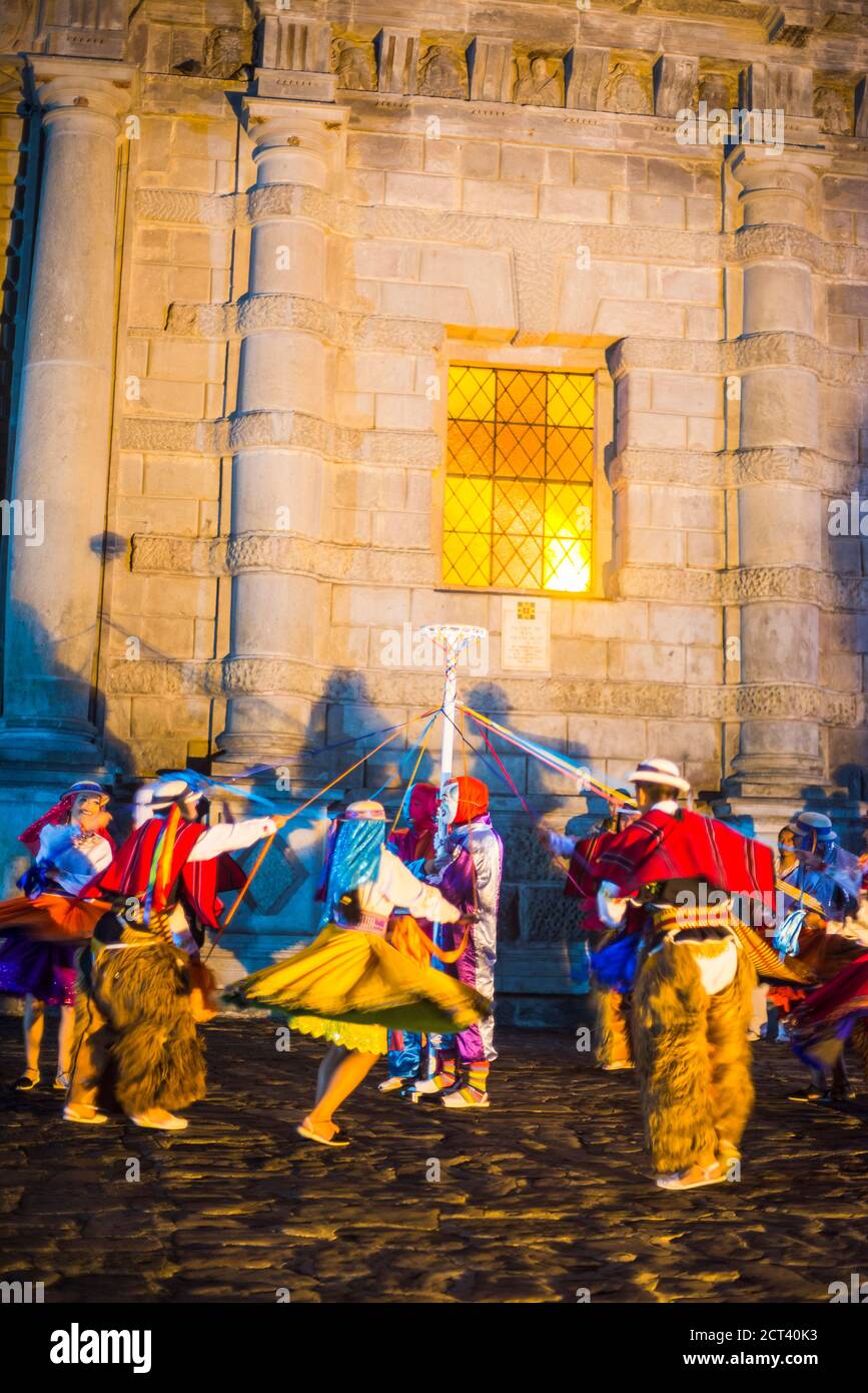 Traditional dancing outside the Historic Centre of the City of Quito ...
