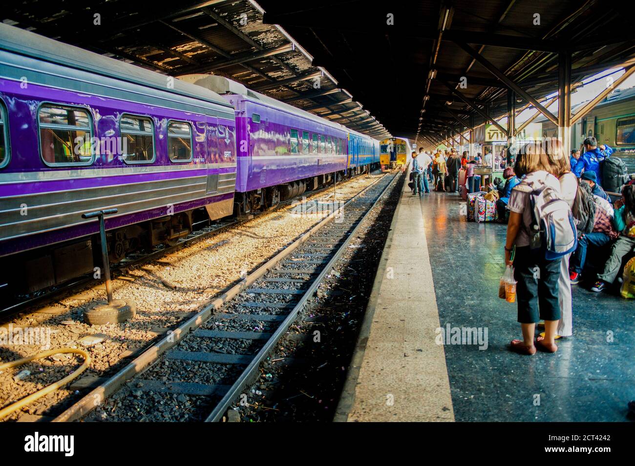 Worker cleaning train at Bangkok train station, Thailand, Southeast ...
