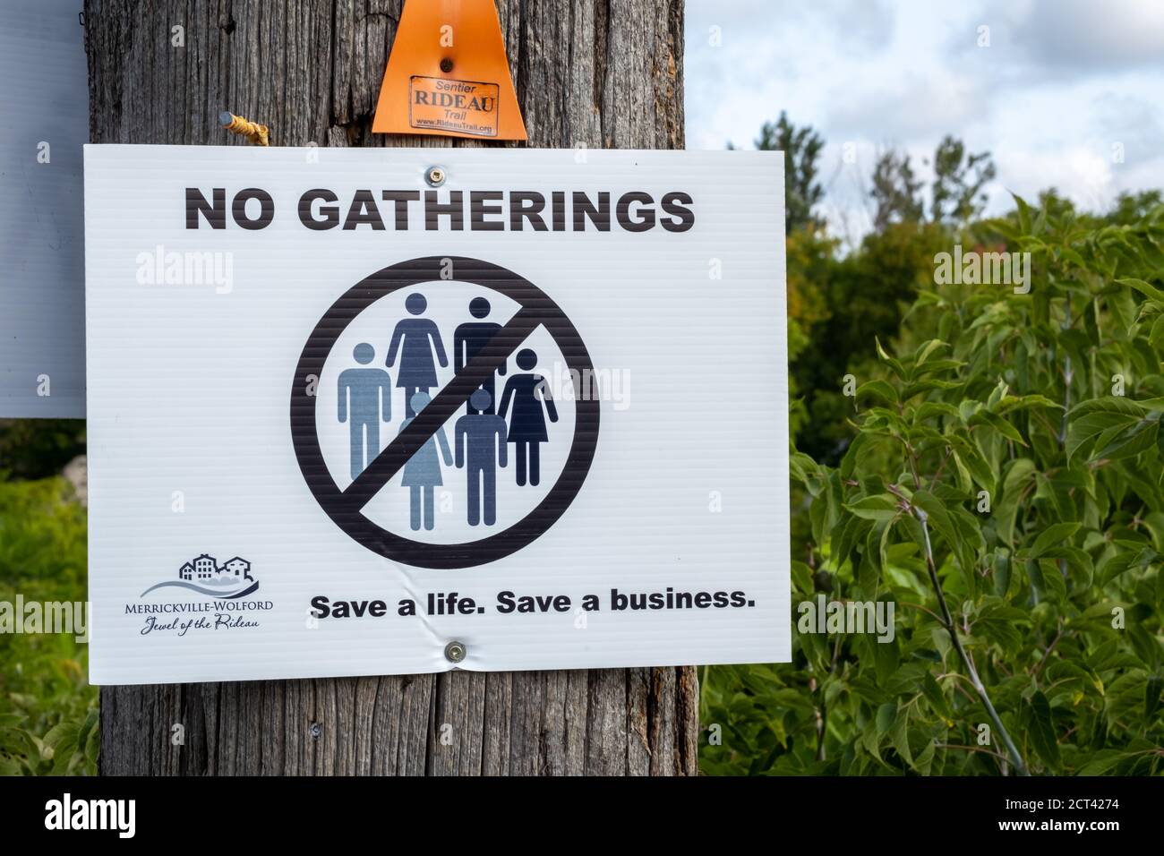 A sign mounted on a pole in the small Ontario village of Merrickville ...