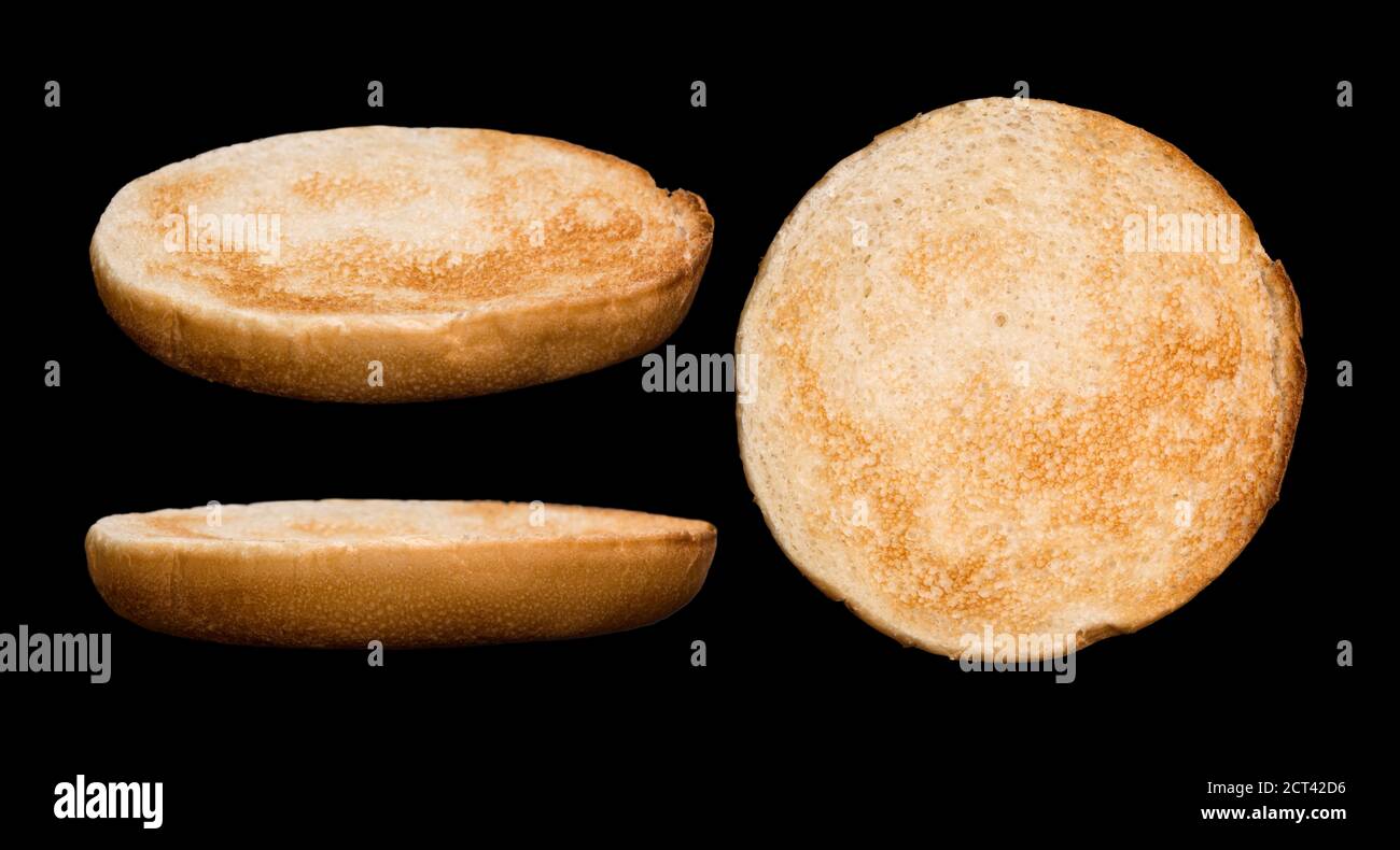 Set of burger bun isolated on black background. Different sides and ...