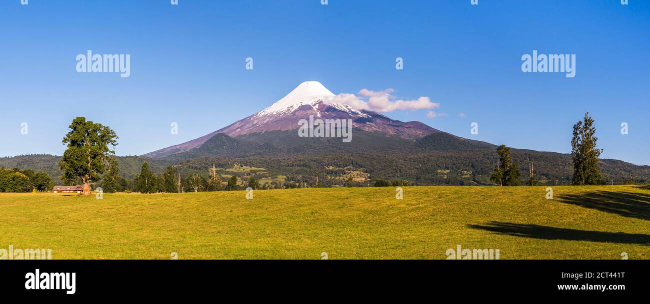 Osorno Volcano and farm land, Chilean Lake District, Chile, South ...