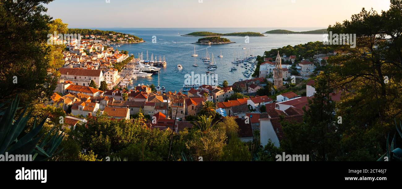 Panoramic photo of Hvar Town at sunset, Hvar Island, Croatia Stock ...
