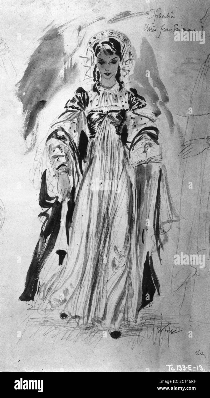 JEAN SIMMONS as Ophelia costume design sketch by ROGER FURSE for the ...