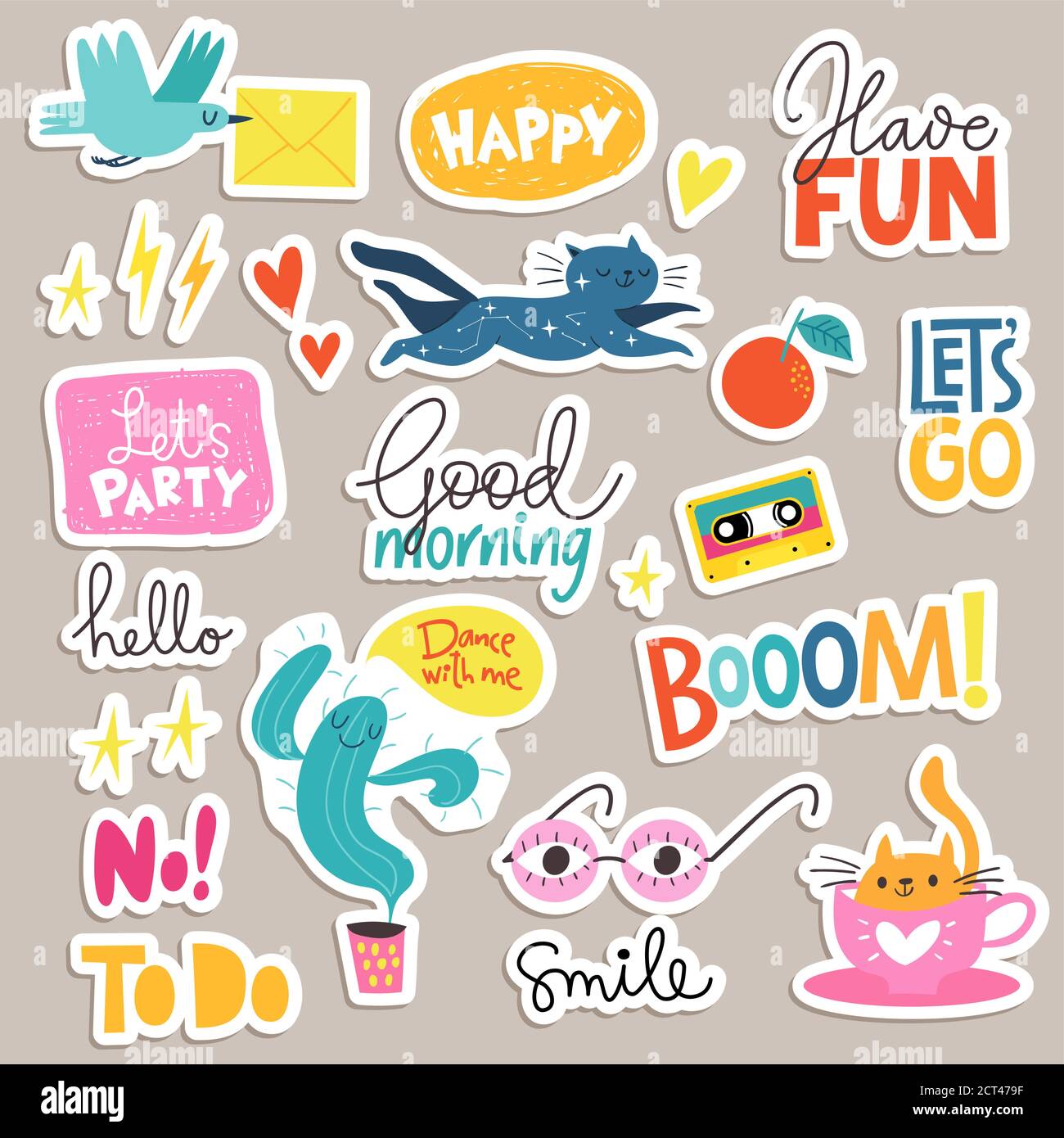 Stickers and labels with funny trendy elements, signs and lettering ...