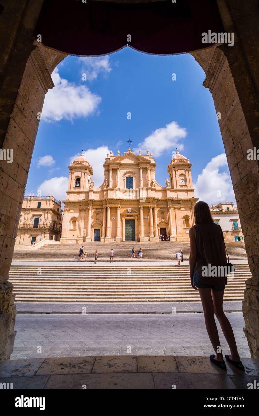 Tourist sightseeing at Duomo (Noto Cathedral, St Nicholas Cathedral ...