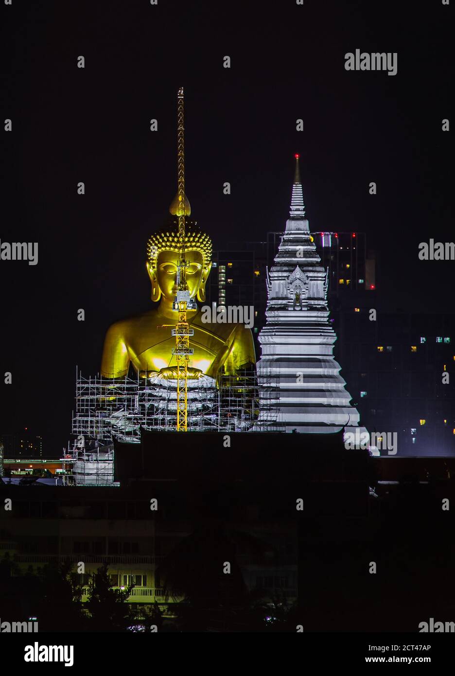 Aerial view of Beautiful The Giant Golden Buddha in Wat Paknam Phasi ...