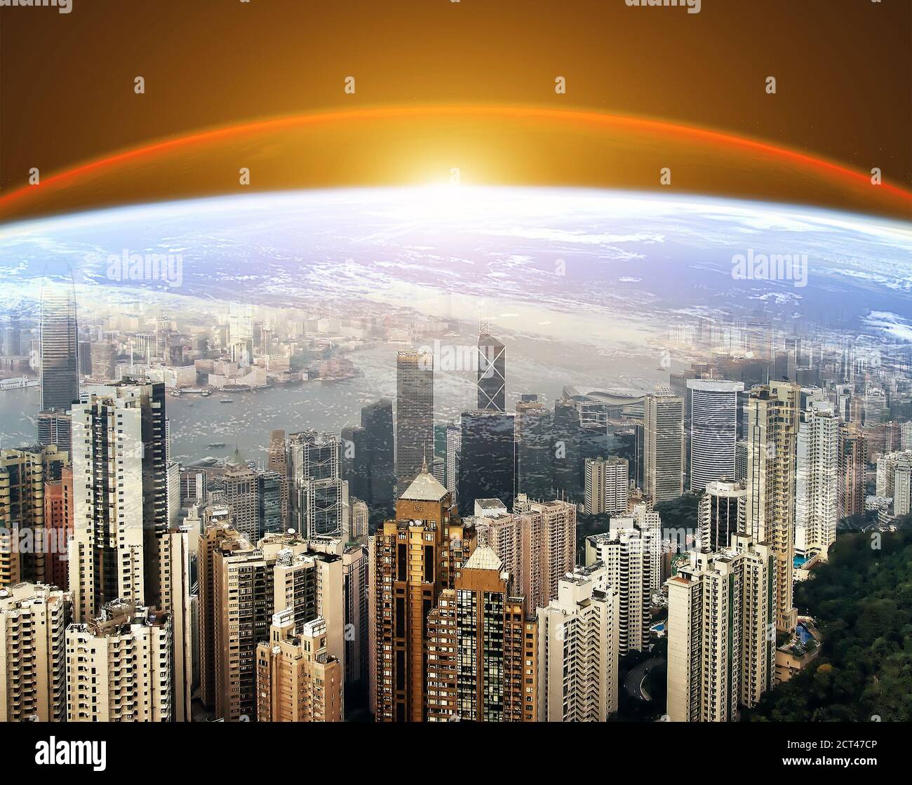 Modern urban skyline. Planet Earth sunrise. Worldwide internet concept ...