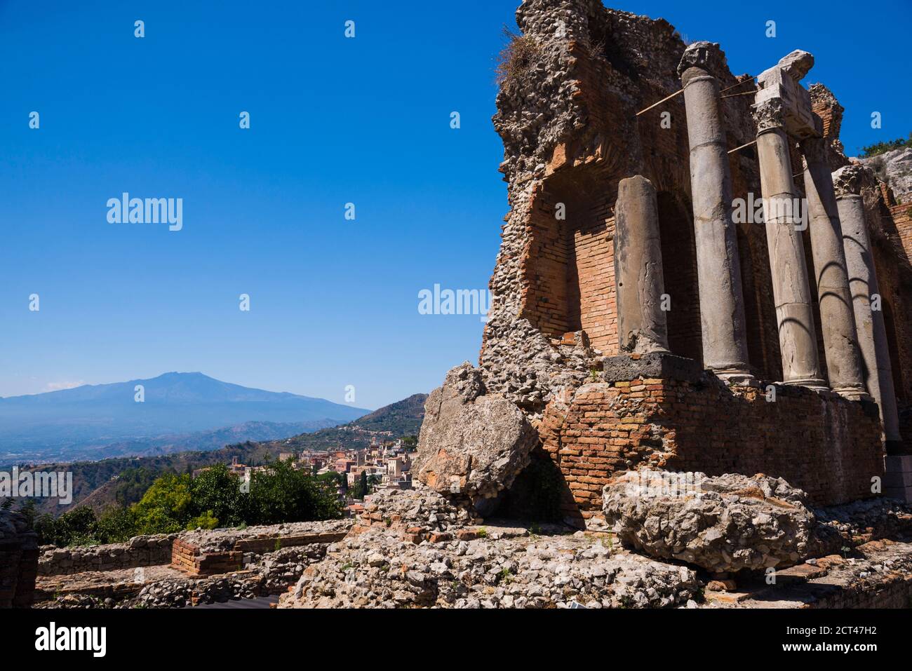 Taormina Greek Theatre aka Teatro Greco, ruins of columns at the ...