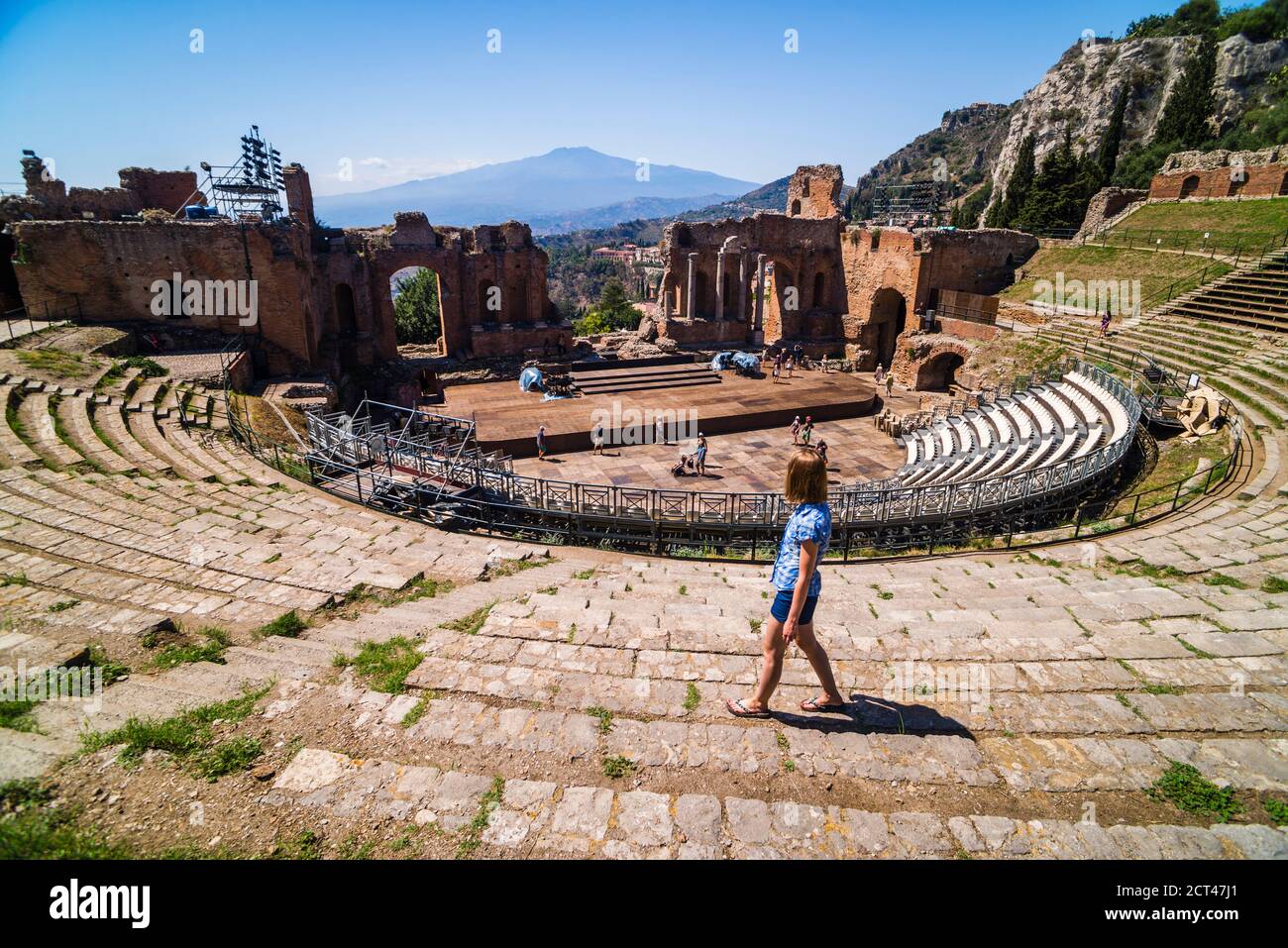 Taormina Greek Theatre aka Teatro Greco, tourist at the amphitheatre ...