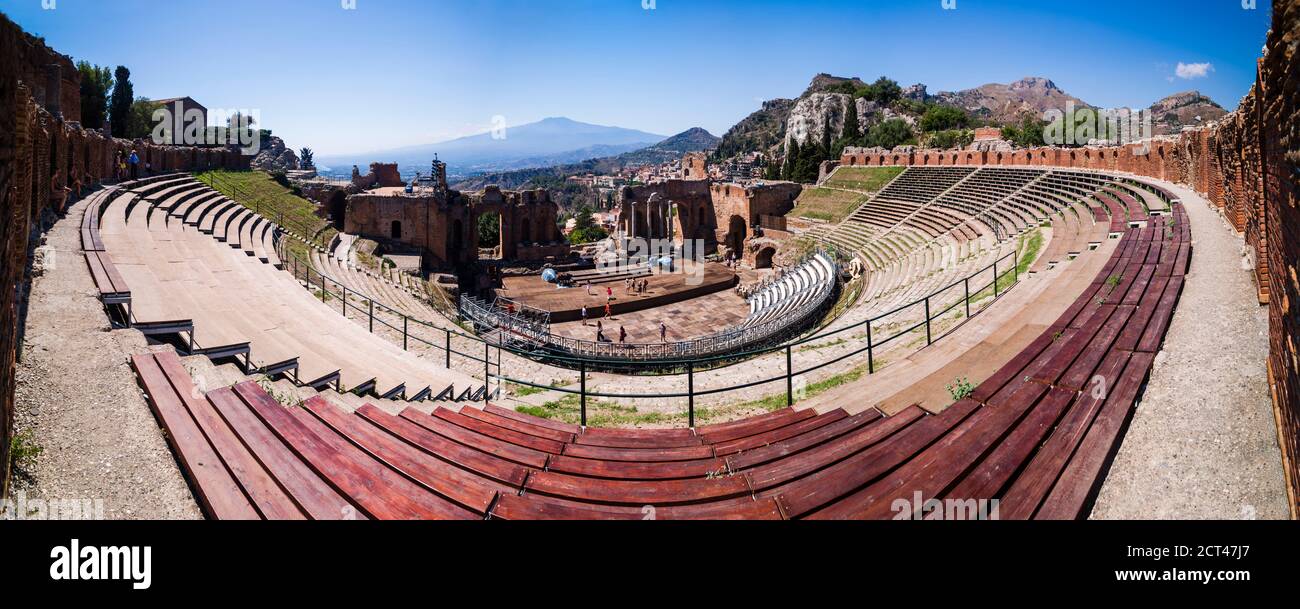 Taormina, Mount Etna Volcano seen from Teatro Greco aka Taormina ...