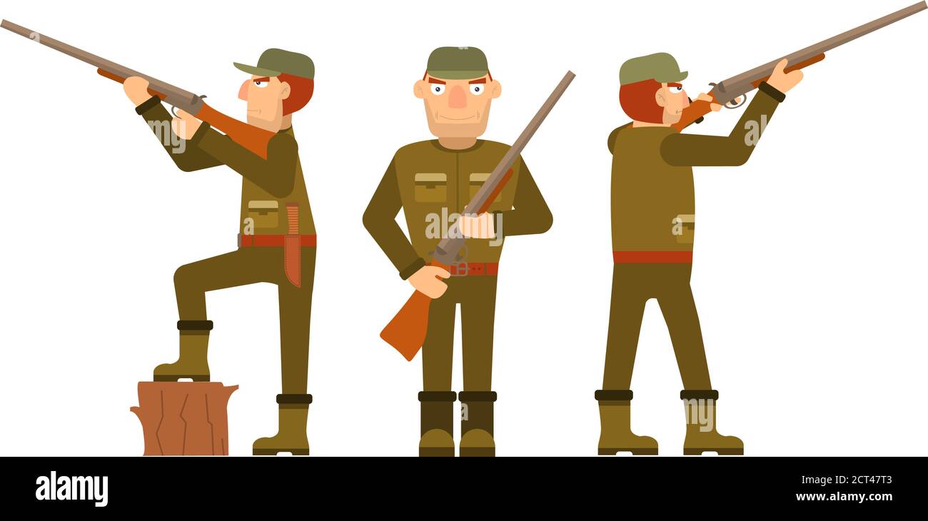 Set cartoon character man huntergun of hunters guns in flat vector ...