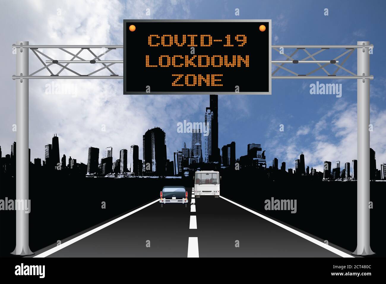 Roadway overhead digital gantry sign with COVID 19 Coronavirus lockdown ...
