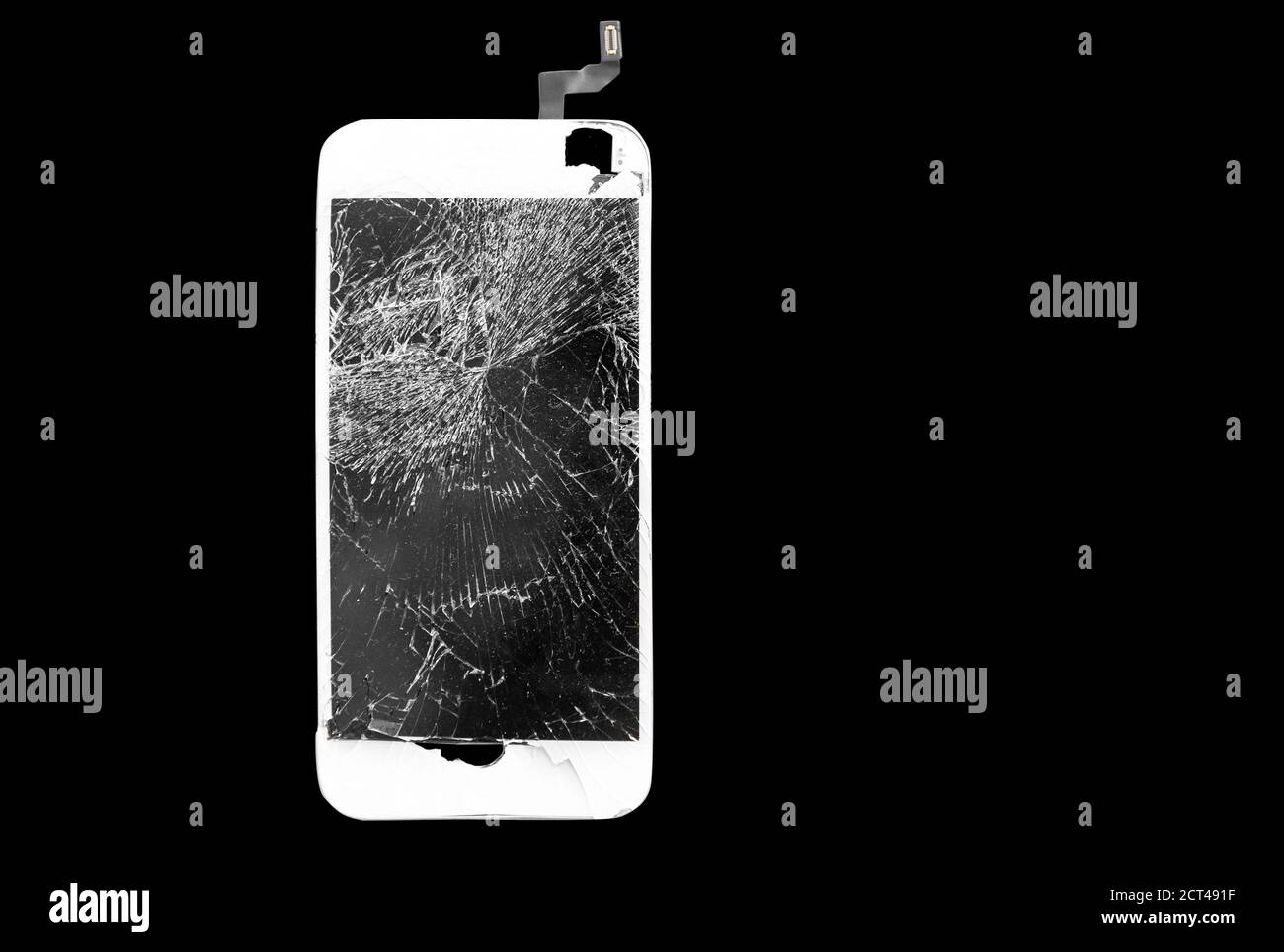 White mobile phone broken glass screen on black isolated background ...