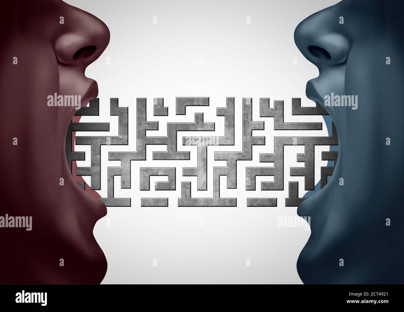 Communication challenge concept as two people or employees having ...