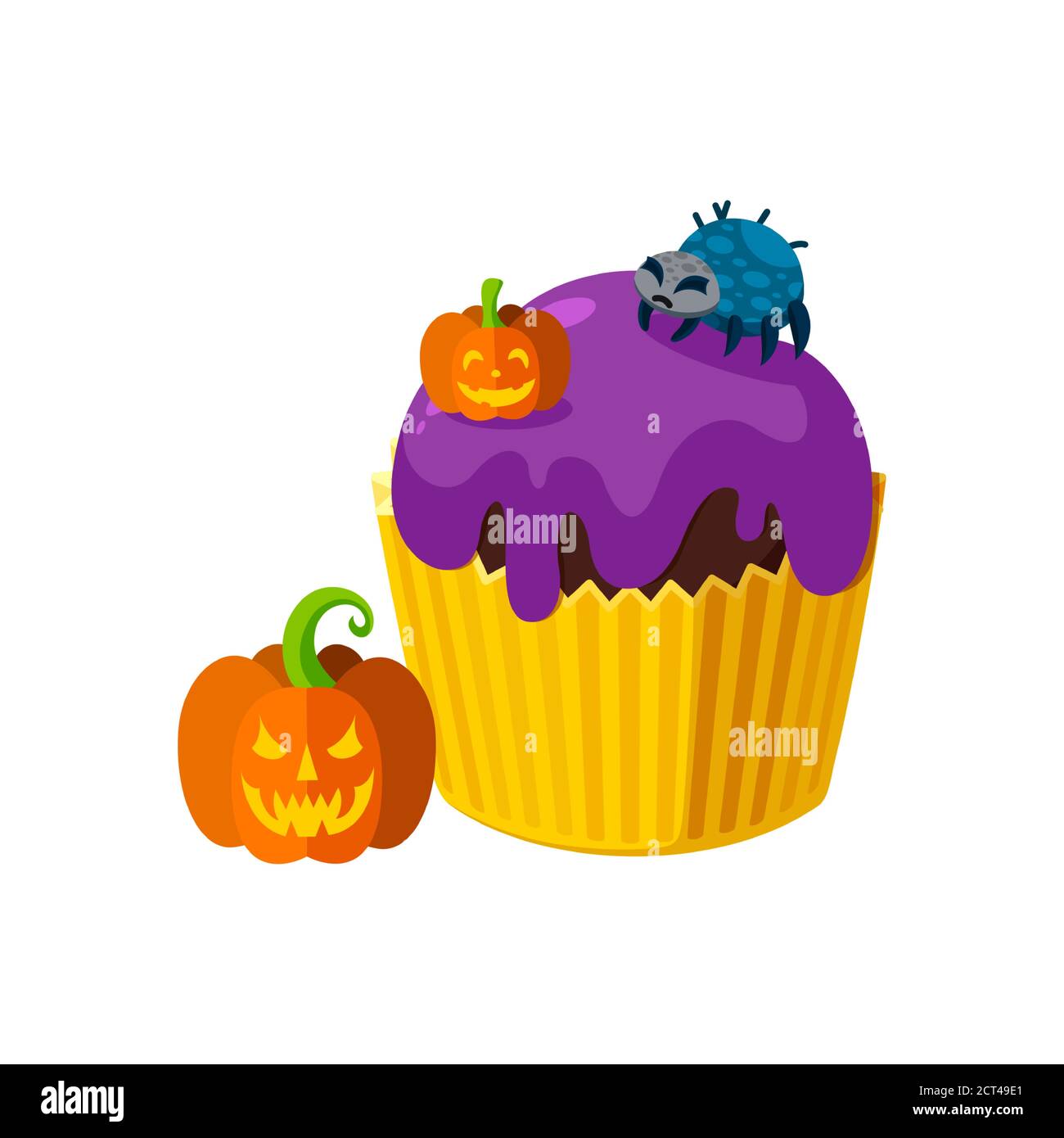 Halloween cupcake with spider and pumpkins. Orange and violet dessert ...