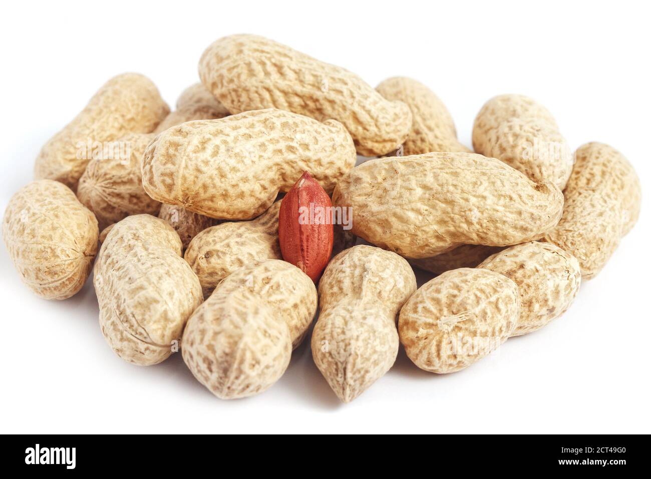 Red peanut kernel in bunch of whole shells on white background Stock ...