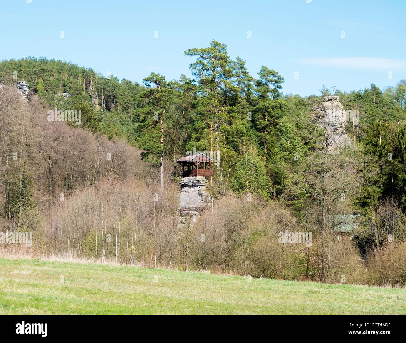 wooden gazebo, altan or summer house on top of Sandstone rock pillar in ...