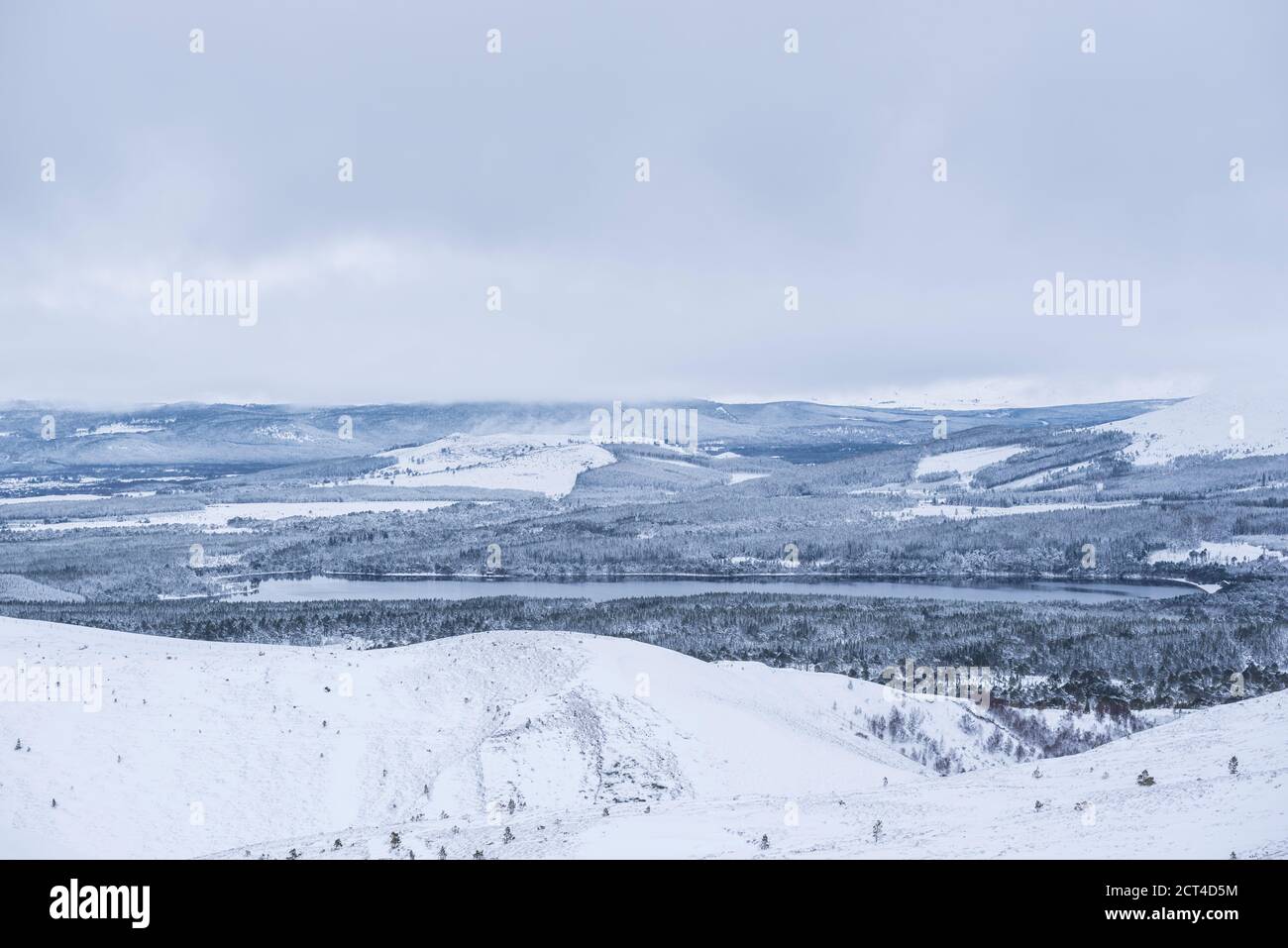 Loch Morlich covered in snow in winter, Aviemore, Cairngorms National ...