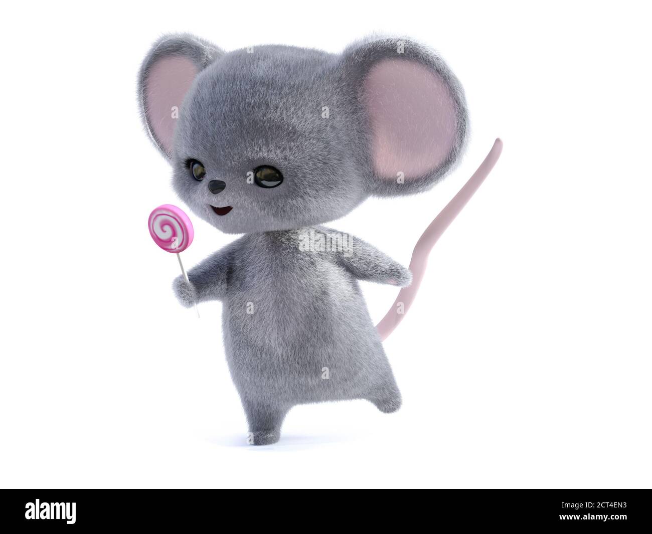 3D rendering of an adorable kawaii furry smiling mouse holding a pink ...