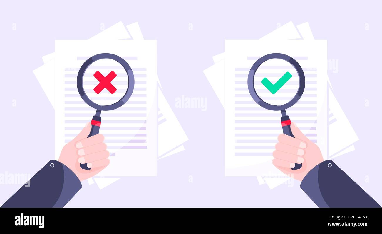 Correct and reject document verification concept with paper sheets and ...