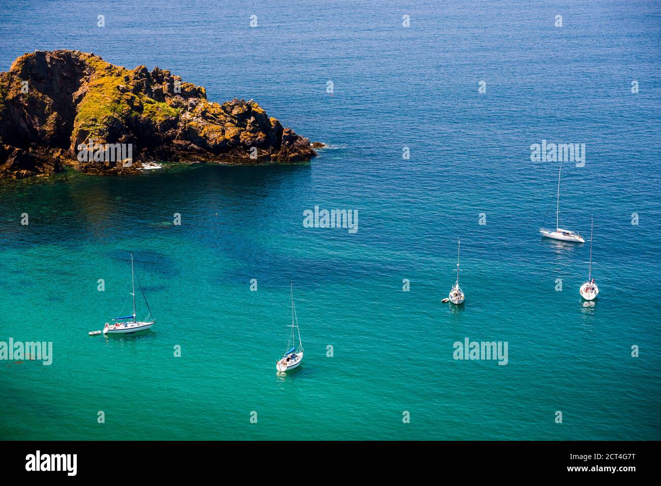 Sailing boats seen from La Coupee, Sark Island, Channel Islands, United ...