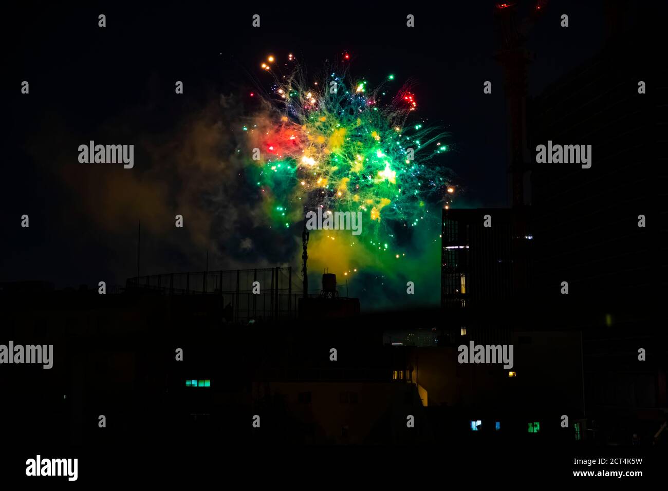 Fireworks near the building at the urban city in Tokyo at summer night ...