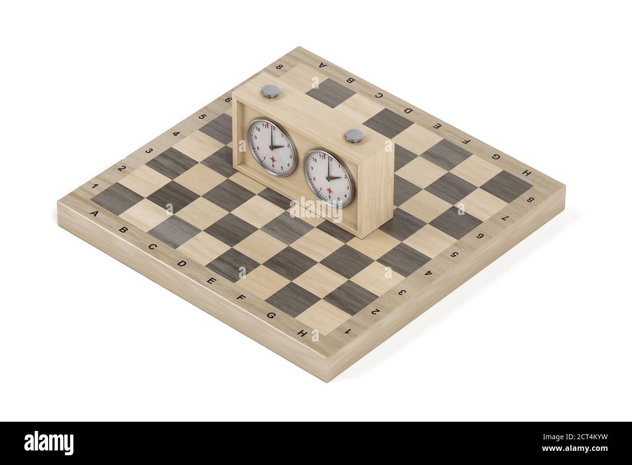 Wooden chess board and analog chess clock on white background Stock ...