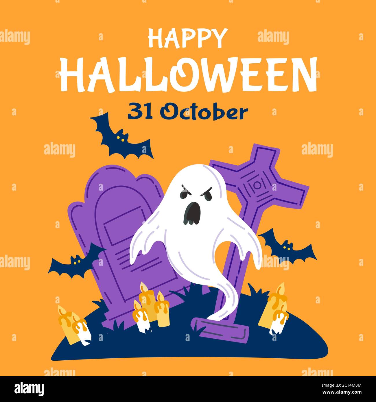 Halloween party invitation card for holidays. Pumpkin and bats, ghosts ...