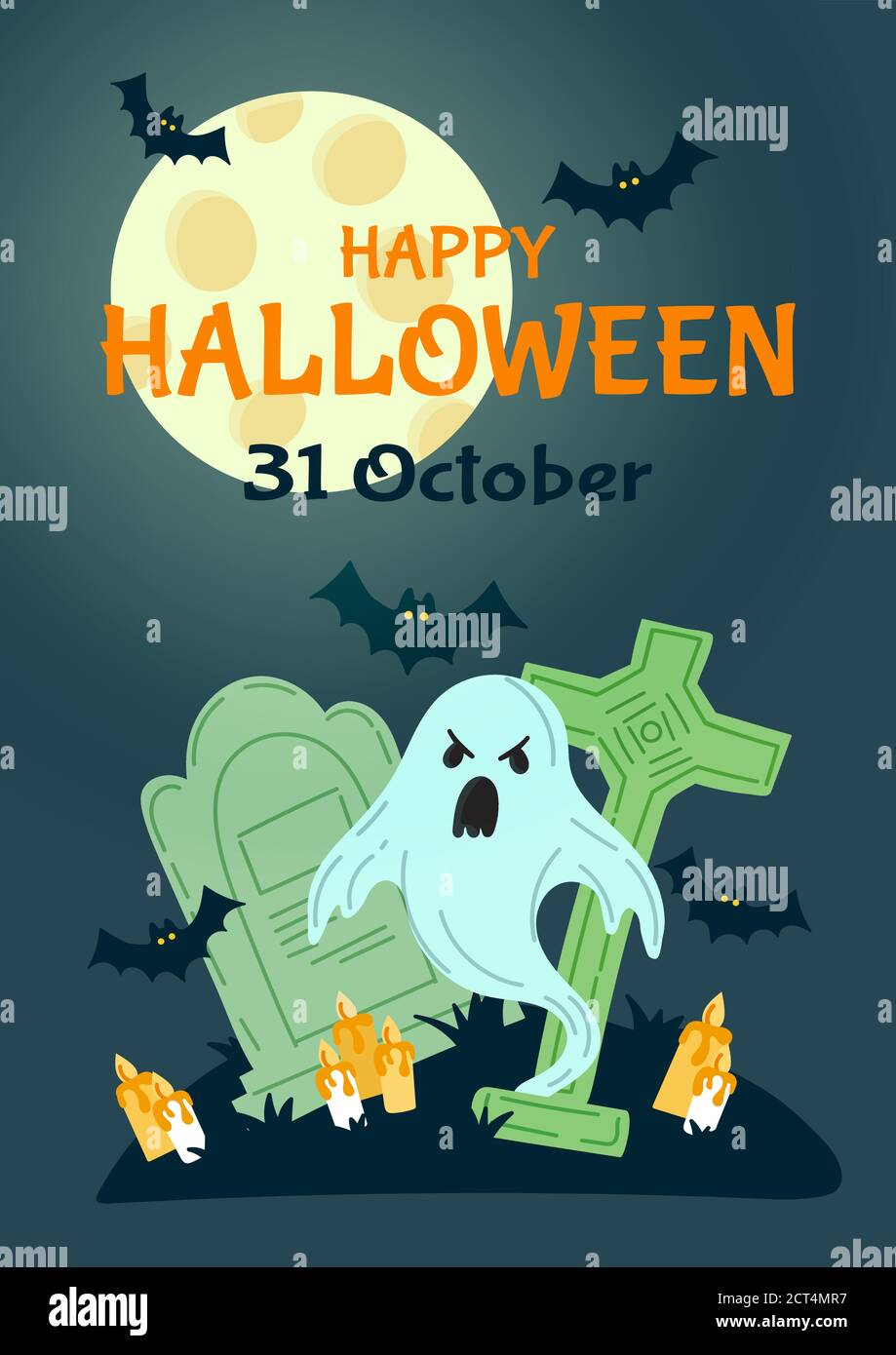 Halloween party invitation card for holidays. Pumpkin and bats, ghosts ...