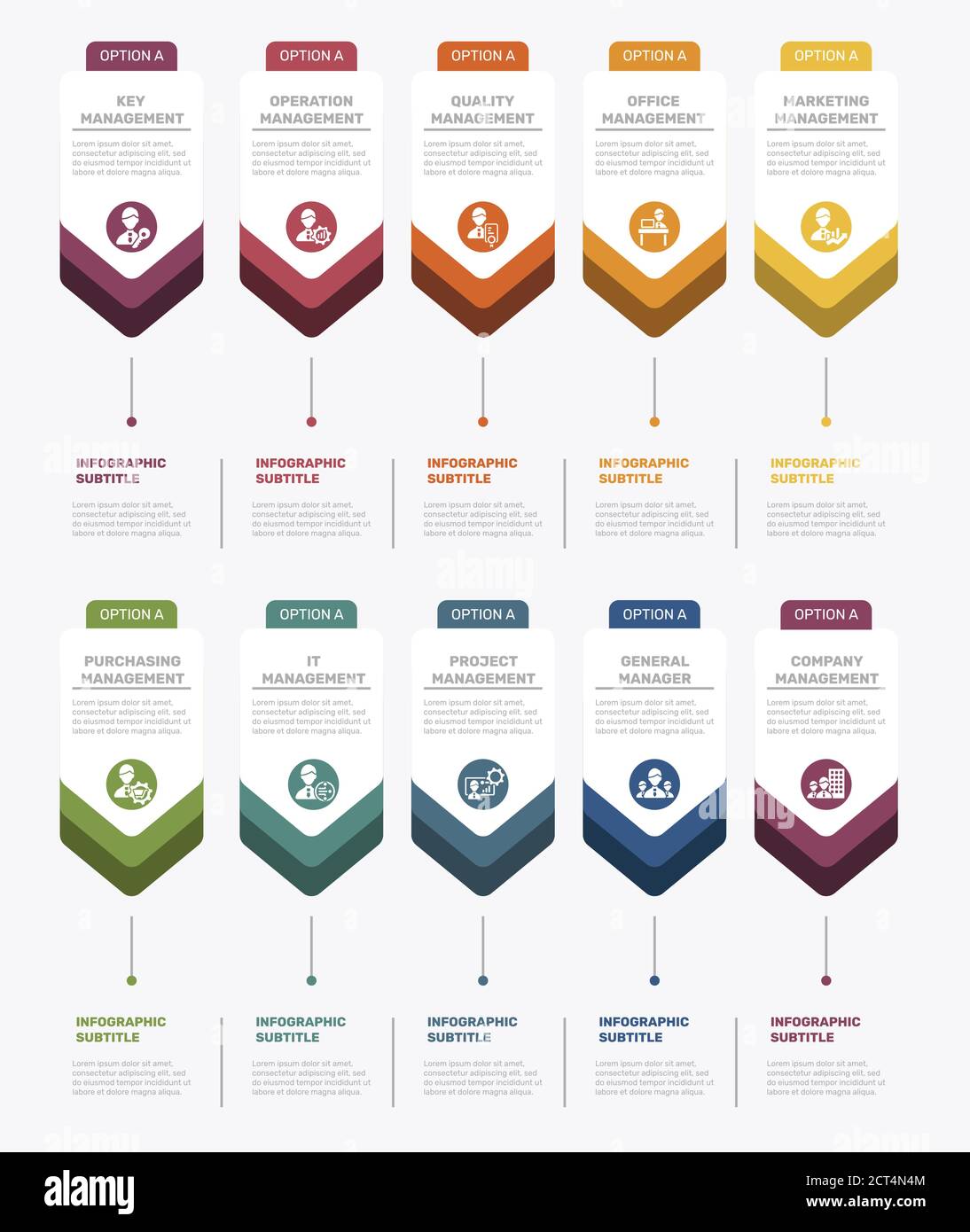 Infographic Company Management template. Icons in different colors ...