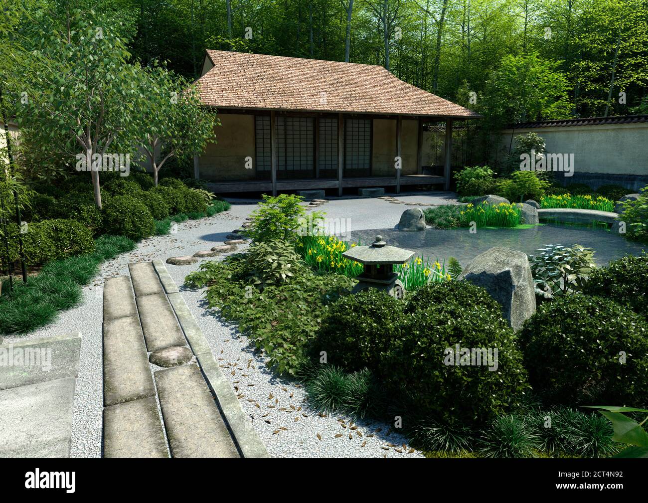 3D rendering of a green Japanese garden in summer Stock Photo - Alamy