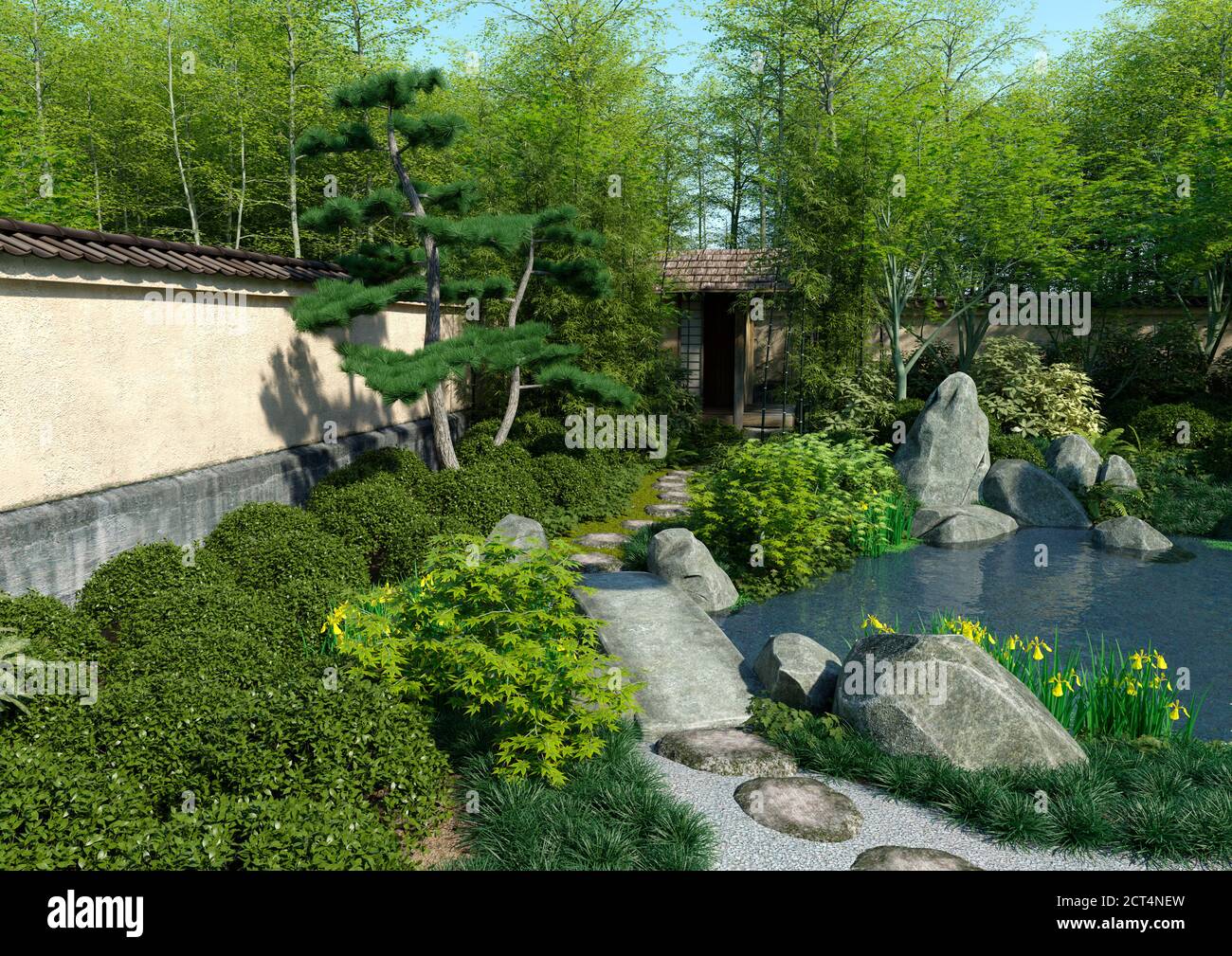 3D rendering of a green Japanese garden in summer Stock Photo - Alamy