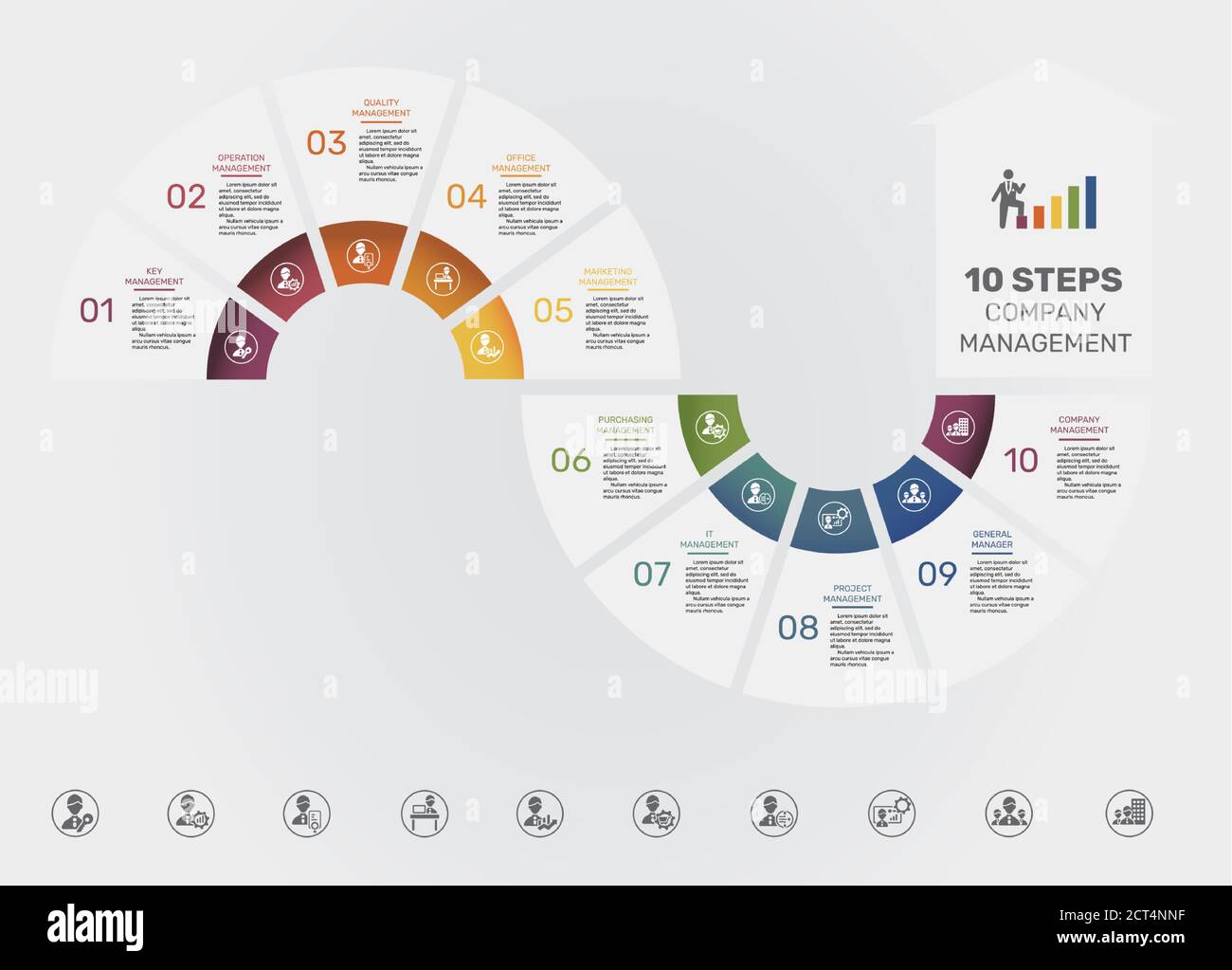 Infographic Company Management template. Icons in different colors ...