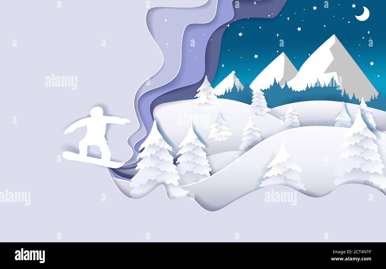 Snowboarding, vector paper art style poster banner template Stock ...