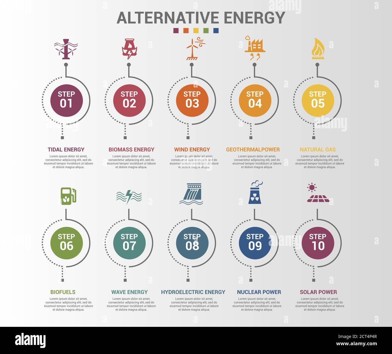 Infographic Alternative Energy template. Icons in different colors ...