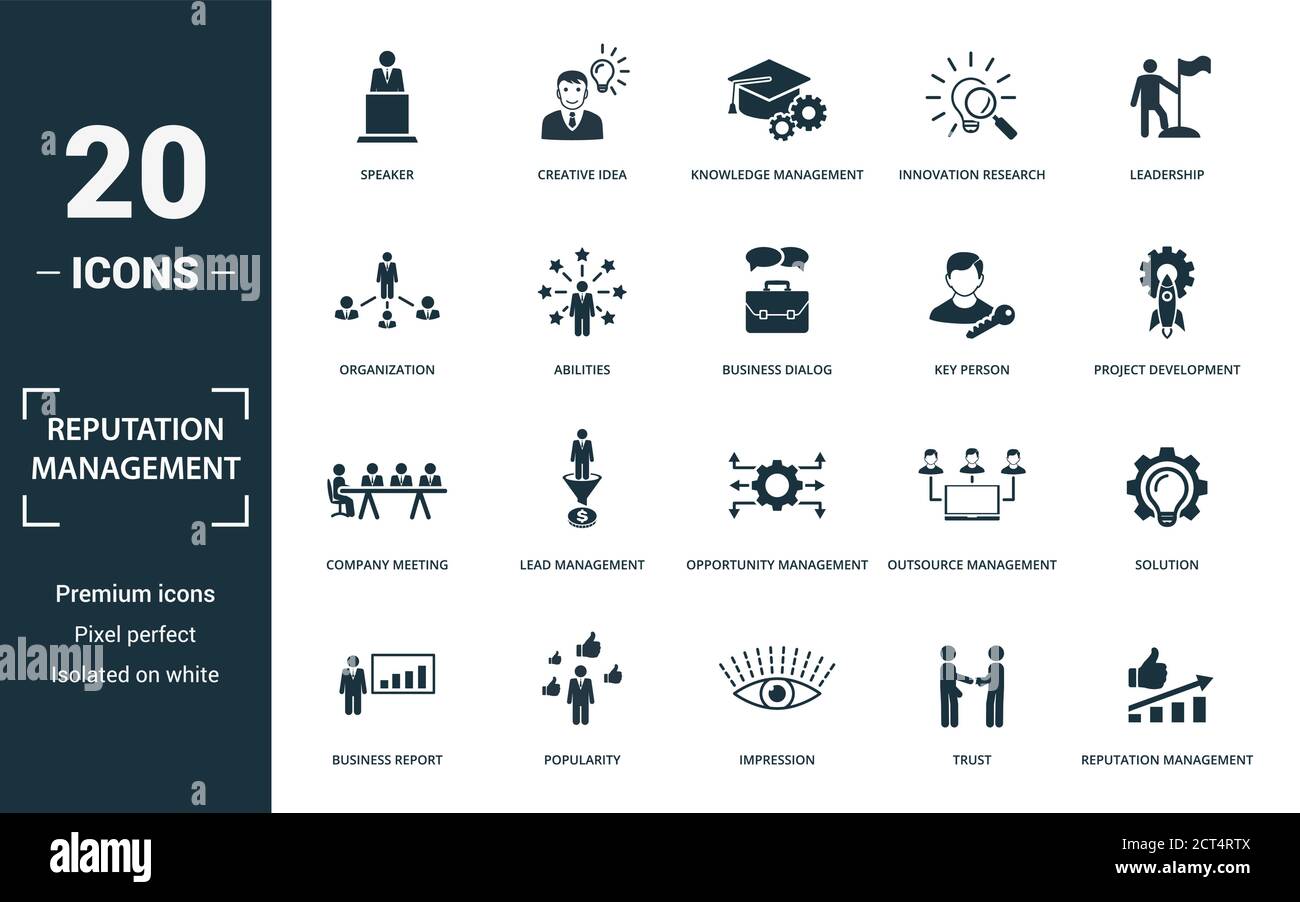 Reputation Management icon set. Monochrome sign collection with speaker ...