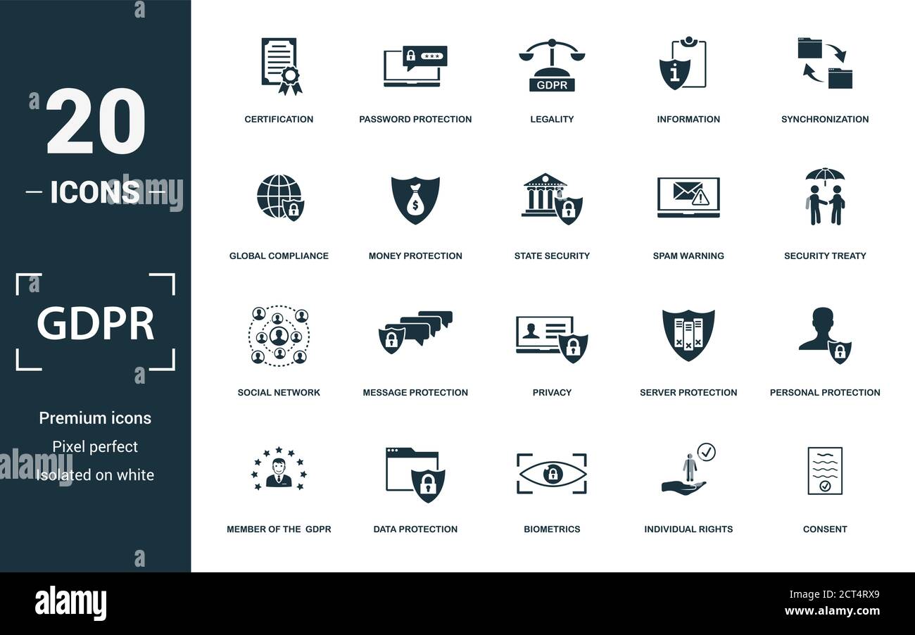 Gdpr icon set. Monochrome sign collection with certification, password ...