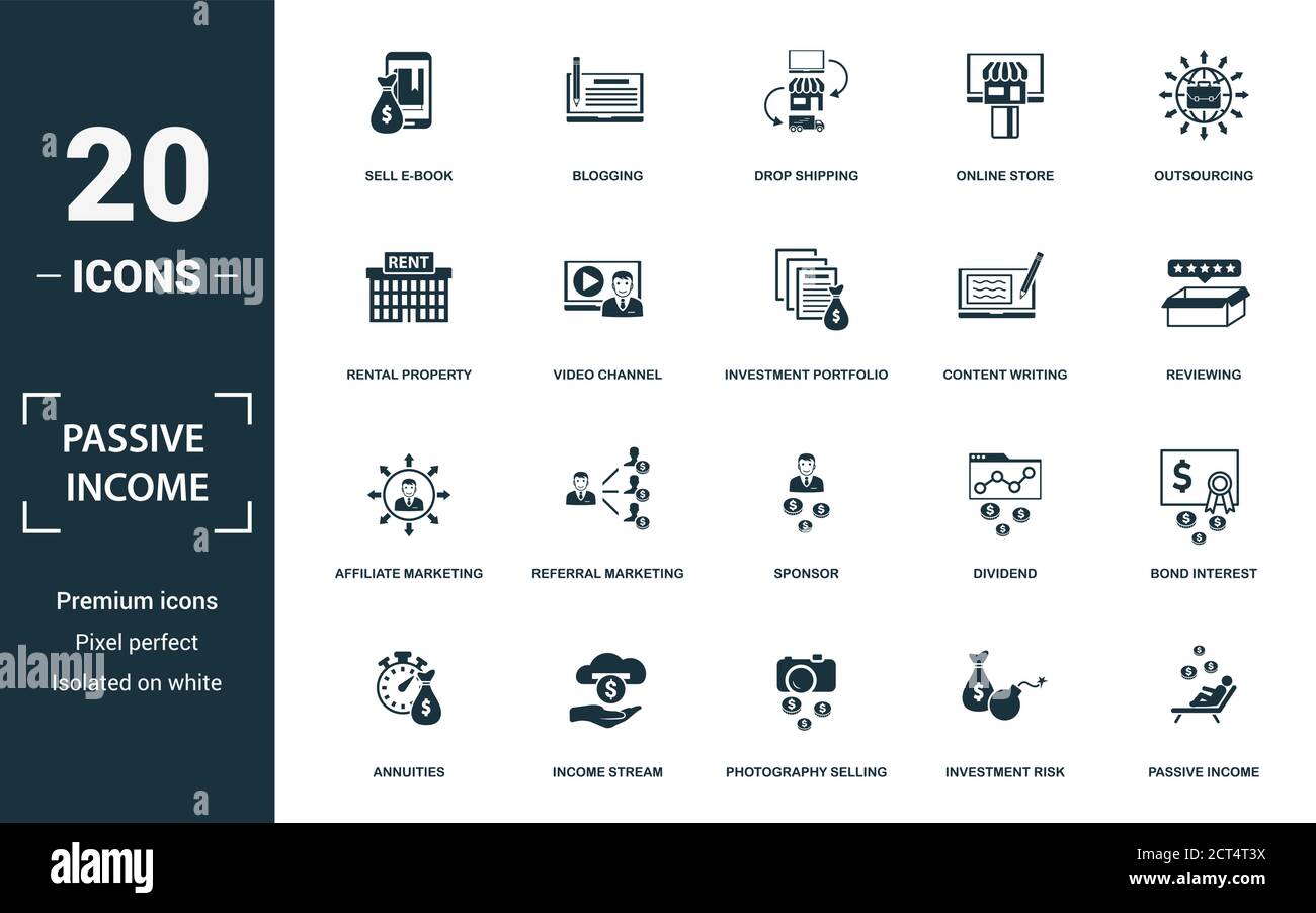 Passive Income icon set. Monochrome sign collection with sell e-book ...