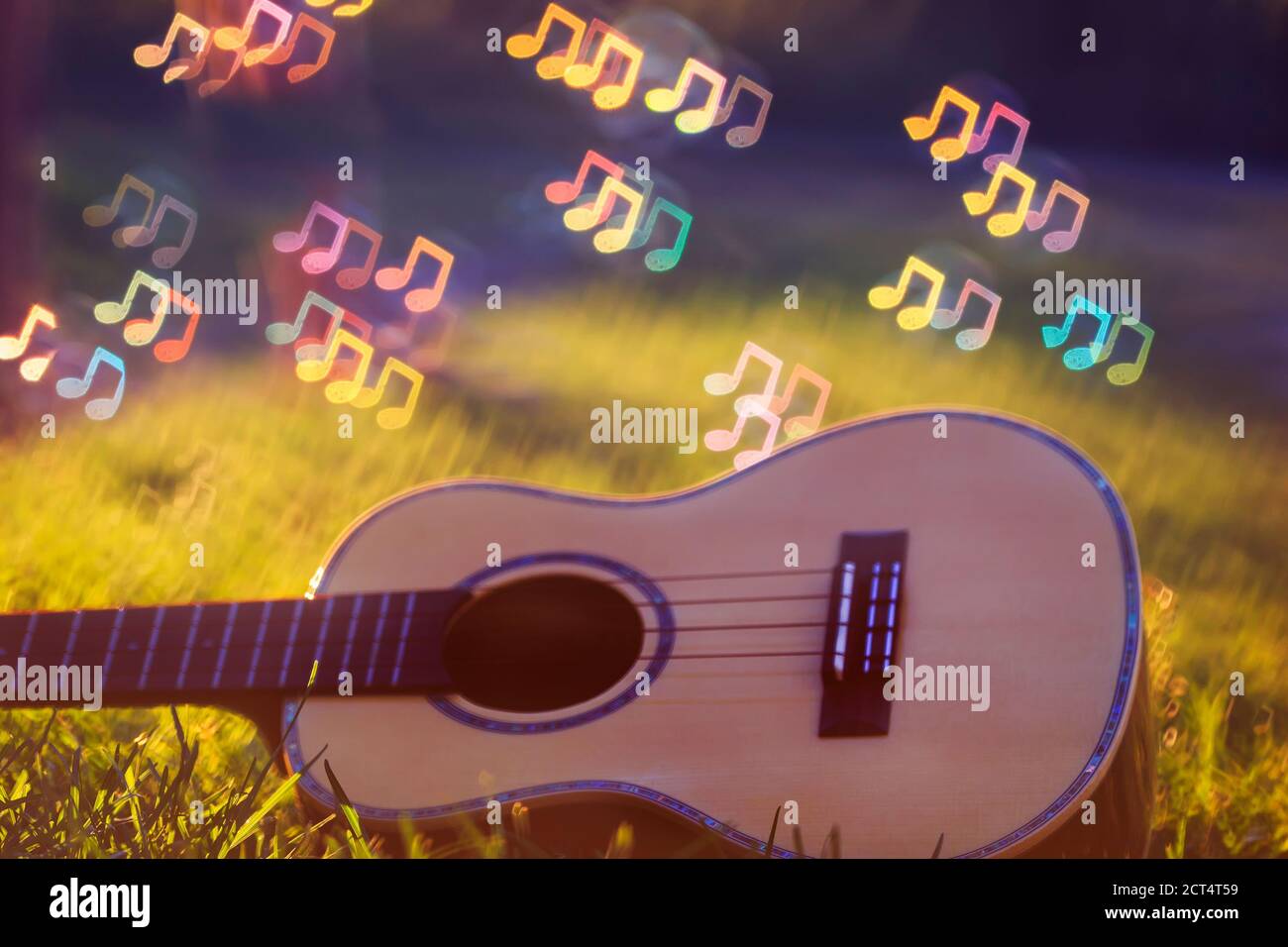 musical wooden guitar lies in the green grass and brilliant notes ...